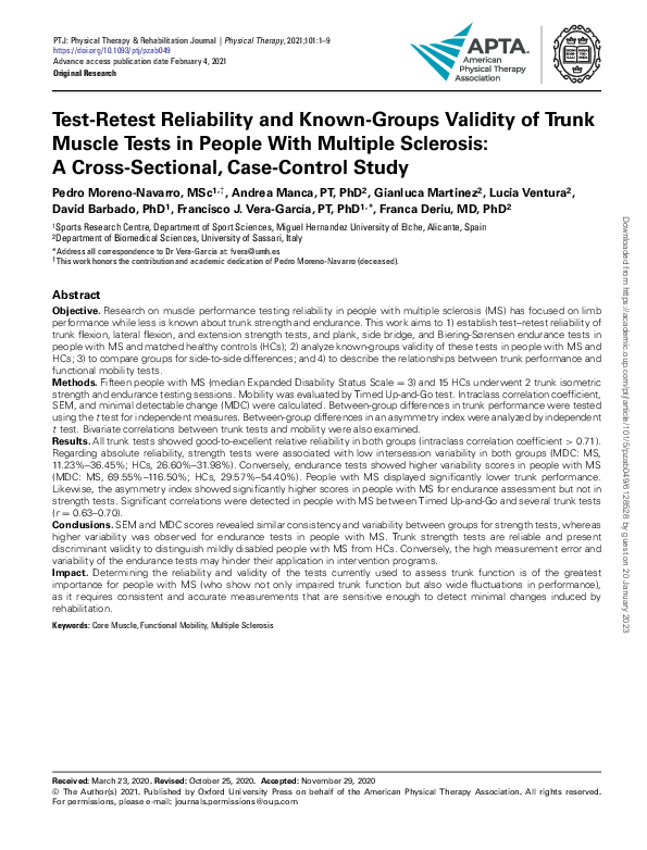 (PDF) Test-Retest Reliability and Known-Groups Validity of Trunk Muscle ...