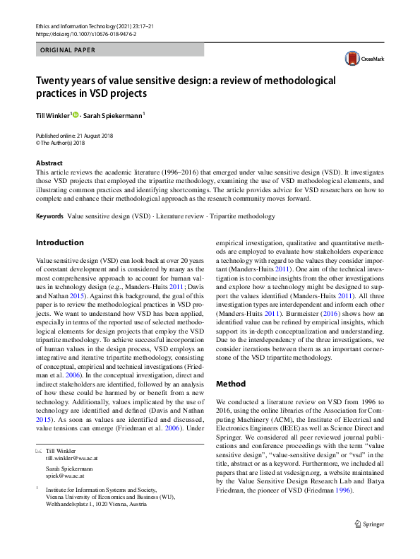 (PDF) Twenty years of value sensitive design: a review of methodological practices in VSD projects