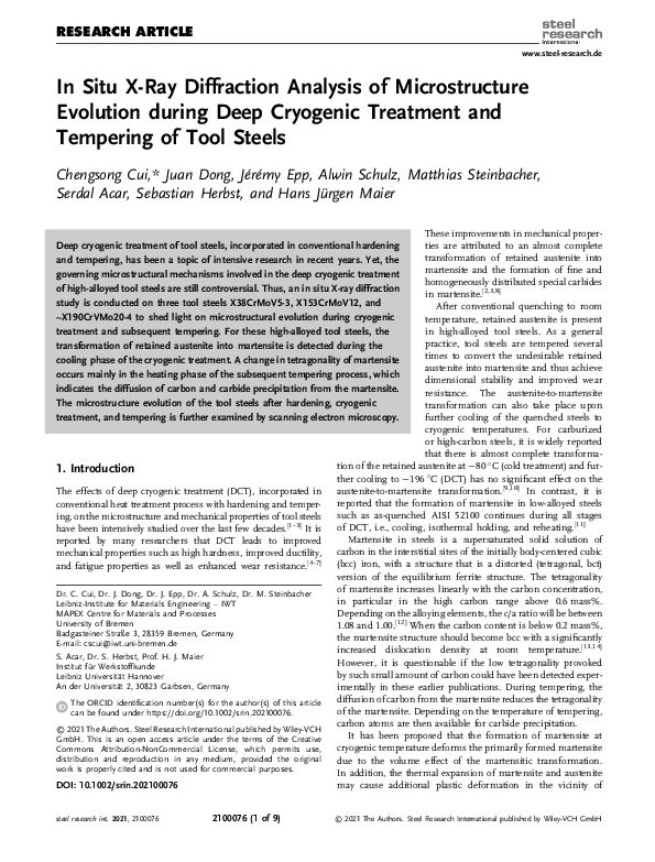 (PDF) In Situ X‐Ray Diffraction Analysis of Microstructure Evolution during Deep Cryogenic ...