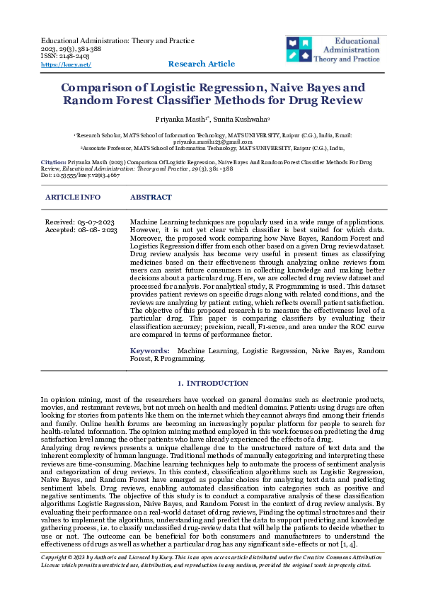 (PDF) Comparison of Logistic Regression, Naive Bayes and Random Forest Classifier Methods for ...