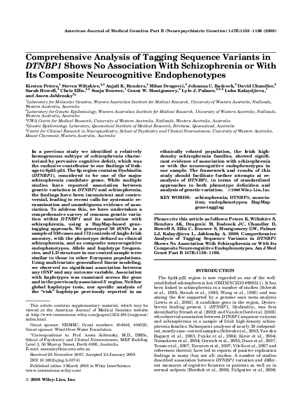 (PDF) Comprehensive analysis of tagging sequence variants in DTNBP1 shows no association with ...