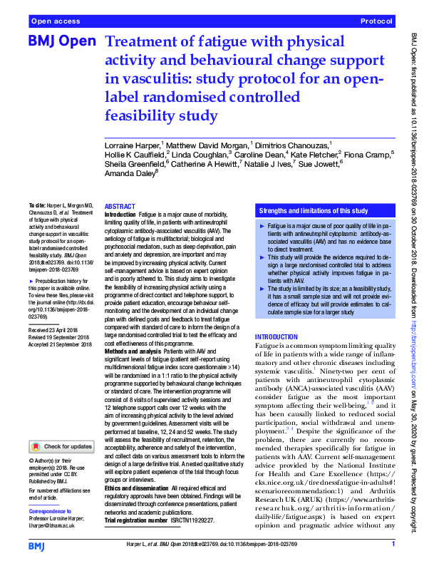 (PDF) Treatment of fatigue with physical activity and behavioural change support in vasculitis ...