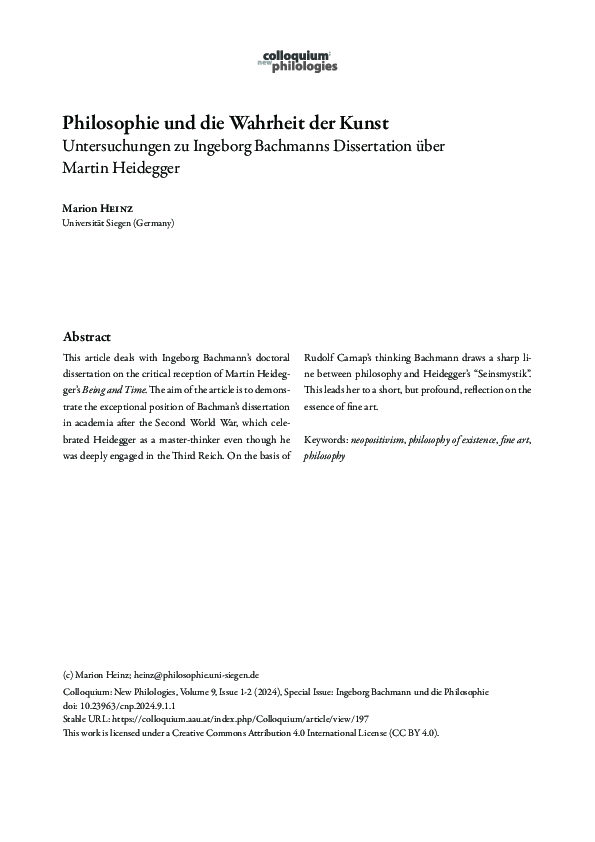 (PDF) Philosophie und die Wahrheit der Kunst. Untersuchungen zu Ingeborg Bachmanns Dissertation ...