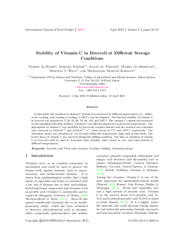 (PDF) Stability of vitamin C in broccoli at different storage conditions