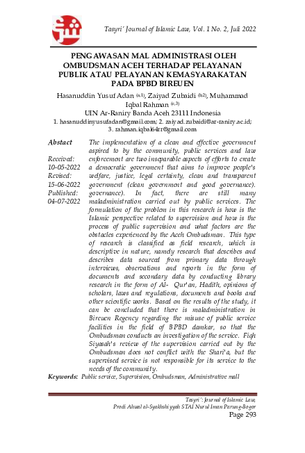 (PDF) Pengawasan Mal Administrasi oleh Ombudsman Aceh terhadap ...