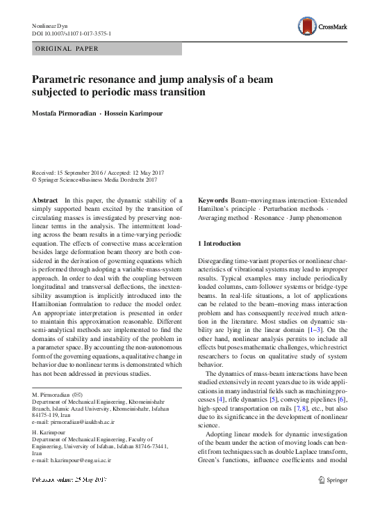 Pdf Parametric Resonance And Jump Analysis Of A Beam Subjected To Periodic Mass Transition