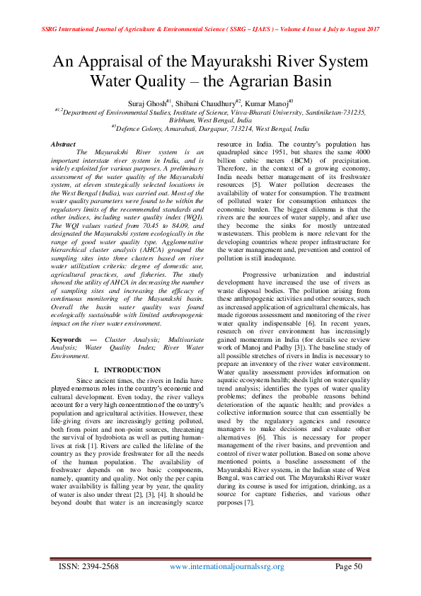 (PDF) An Appraisal of the Mayurakshi River System Water Quality – the ...