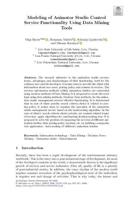 (PDF) Modeling of Animator Studio Control Service Functionality Using Data Mining Tools