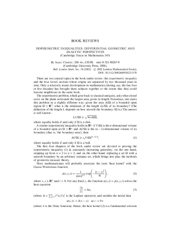 (PDF) Isoperimetric Inequalities: Differential Geometric and Analytic ... (PDF) Isoperimetric Inequalities: Differential Geometric and Analytic ...