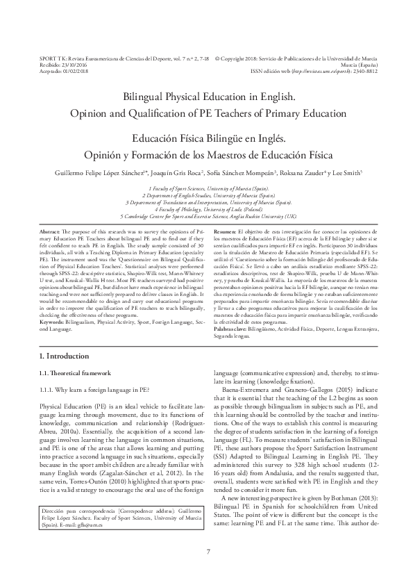 (PDF) Bilingual Physical Education in English. Opinion and Qualiication ...