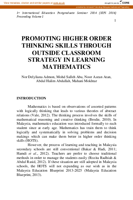 (PDF) Promoting higher order thinking skills through outside classroom strategy in learning ...