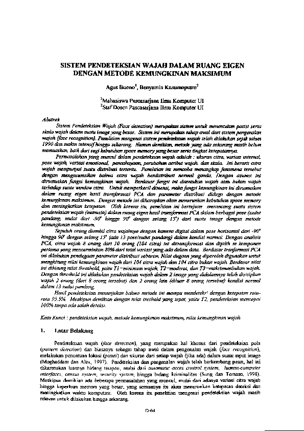 (PDF) Sistem Pendeteksian Wajah Dalam Ruang Eigen Dengan Metode Icemungicinan Maksimum