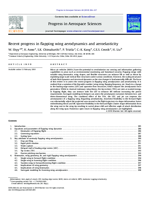 (PDF) Recent progress in flapping wing aerodynamics and aeroelasticity