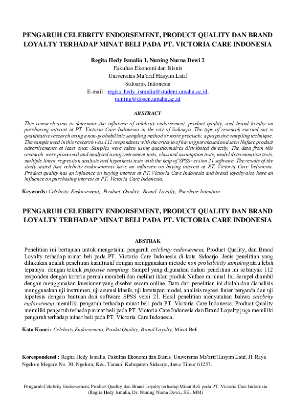 (PDF) PENGARUH CELEBRITY ENDORSEMENT, PRODUCT QUALITY DAN BRAND LOYALTY TERHADAP MINAT BELI PADA ...