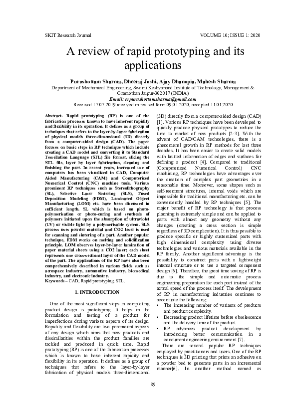 (PDF) A review of rapid prototyping and its applications