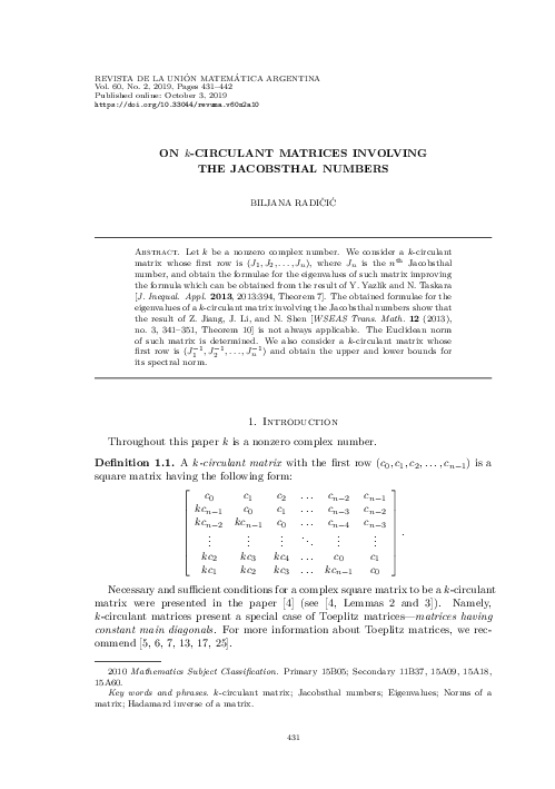 (PDF) On $k$-circulant matrices involving the Jacobsthal numbers