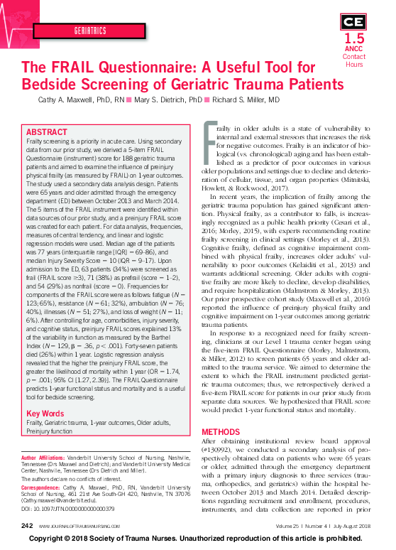 (PDF) The FRAIL Questionnaire: A Useful Tool for Bedside Screening of ...