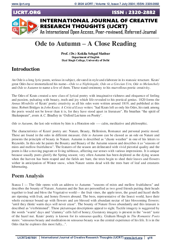(PDF) Ode to Autumn -A Close Reading