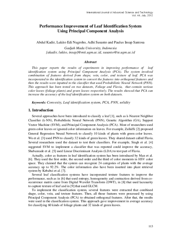 (PDF) Performance Improvement of Leaf Identification System Using Principal Component Analysis