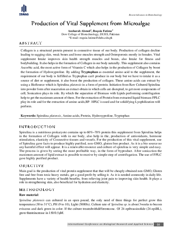 (PDF) Production Of Vital Supplement From Microalgae