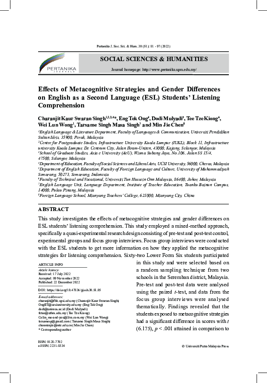 (PDF) Effects of Metacognitive Strategies and Gender Differences on English as a Second Language ...