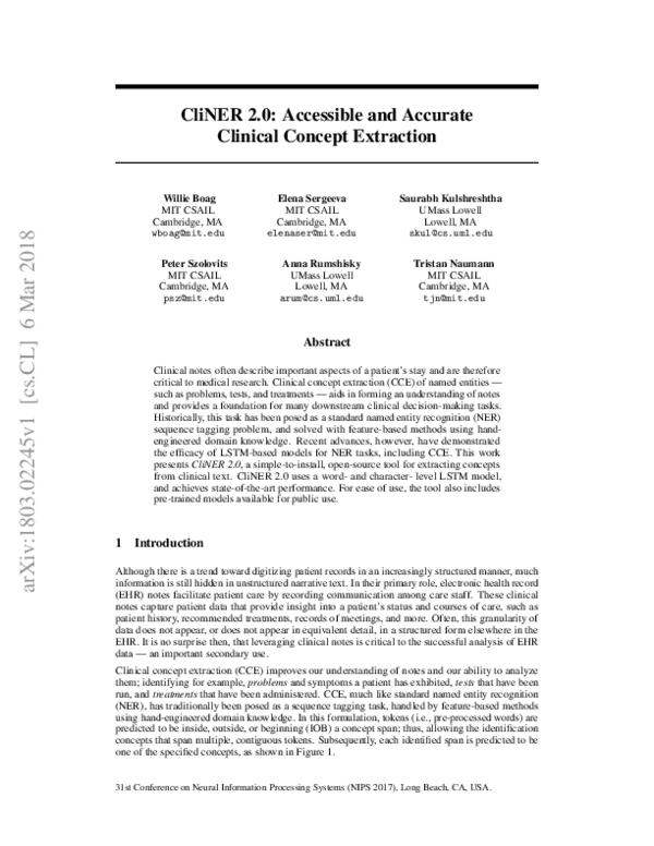 (PDF) CliNER 2.0: Accessible and Accurate Clinical Concept Extraction