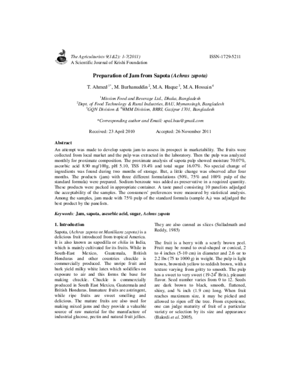 (PDF) Preparation of Jam from Sapota (Achras zapota)