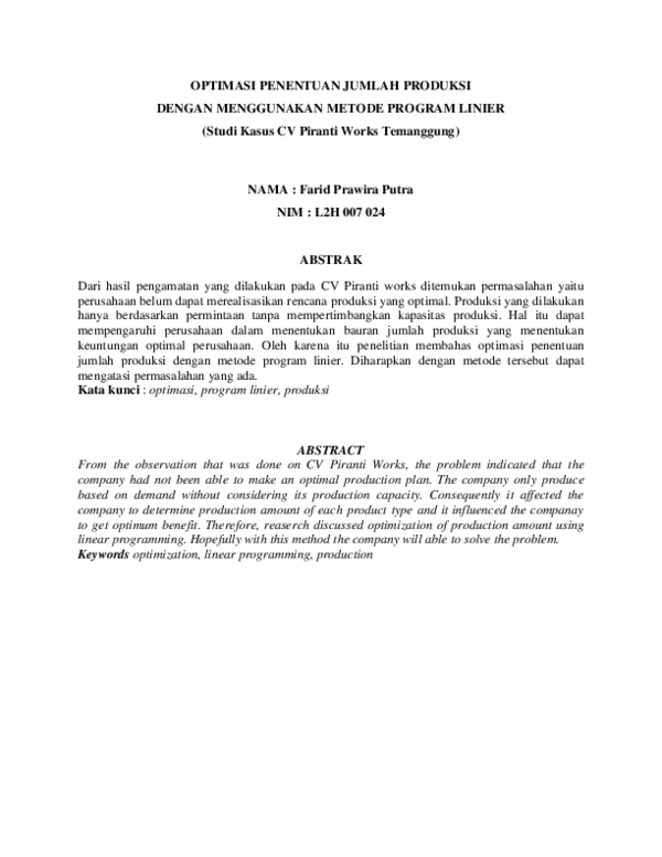 (PDF) OPTIMASI PENENTUAN JUMLAH PRODUKSI DENGAN MENGGUNAKAN METODE PROGRAM LINIER (Studi Kasus ...