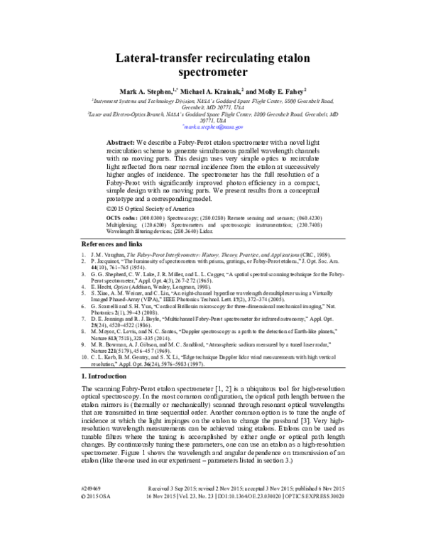 (PDF) Lateral-transfer recirculating etalon spectrometer