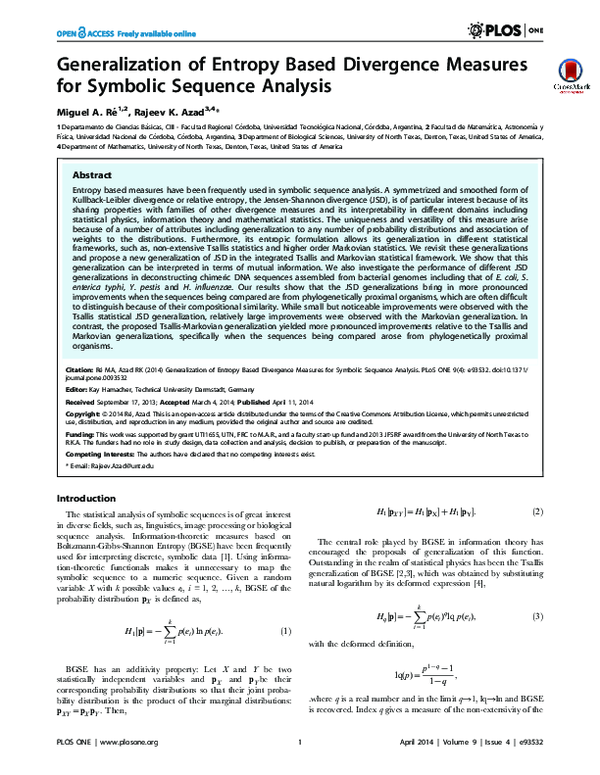 (PDF) Generalization of Entropy Based Divergence Measures for Symbolic Sequence Analysis