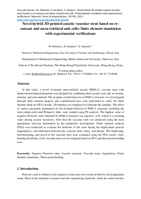 (PDF) Novel hybrid 3D-printed auxetic vascular stent based on reentrant ...