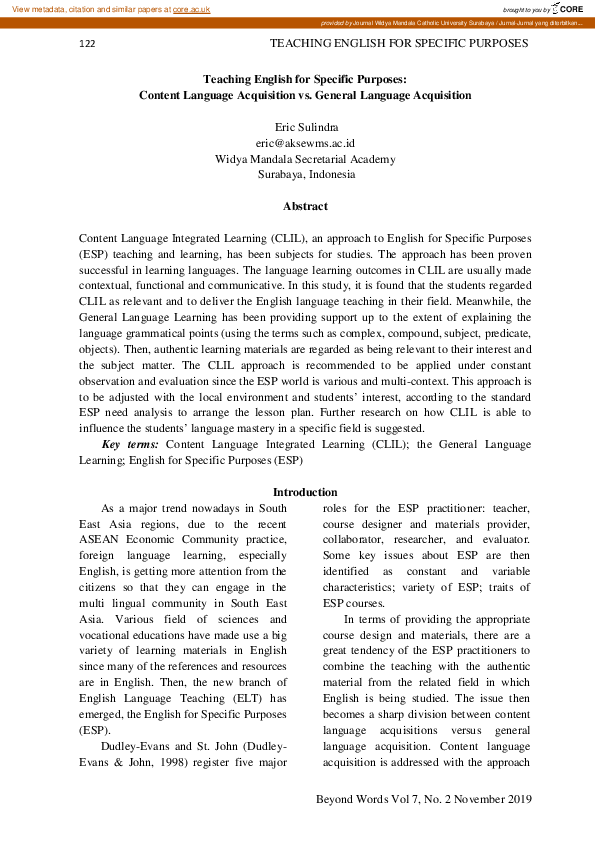 (PDF) Teaching English for Specific Purposes: Content Language Acquisition vs General Language ...