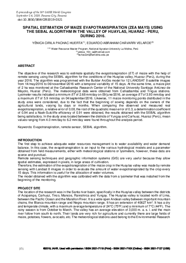 Pdf Spatial Estimation Of Maizeevapotranspiration Zea Mays Using The Sebal Algorithm In The
