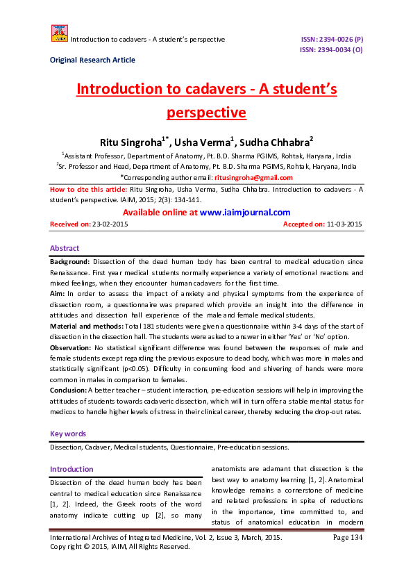 (PDF) Introduction to cadavers - A student's perspective
