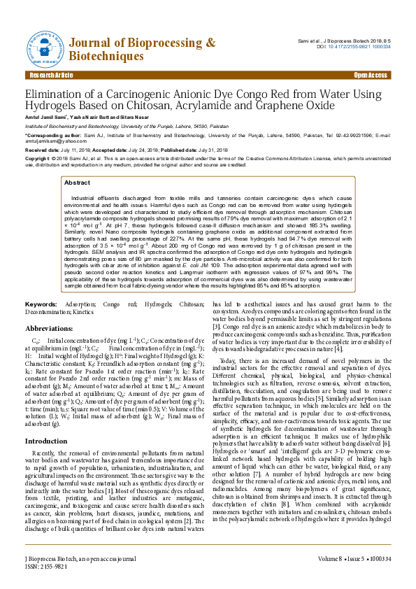 (PDF) Elimination of a Carcinogenic Anionic Dye Congo Red from Water Using Hydrogels Based on ...