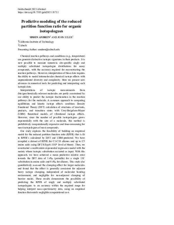 (PDF) Predictive modeling of the reduced partition function ratio for organic isotopologues