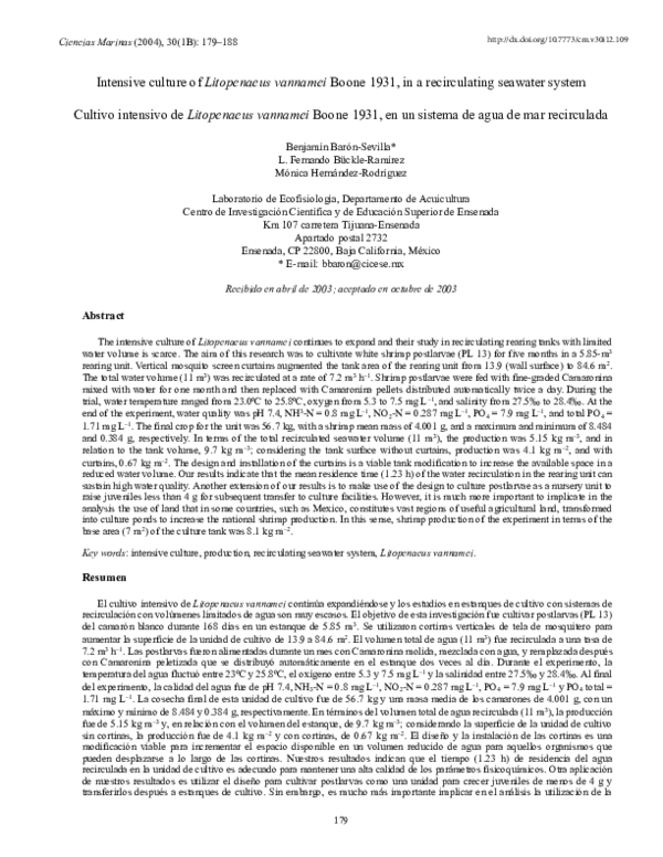 (PDF) Intensive culture of Litopenaeus vannamei Boone 1931, in a recirculating seawater system