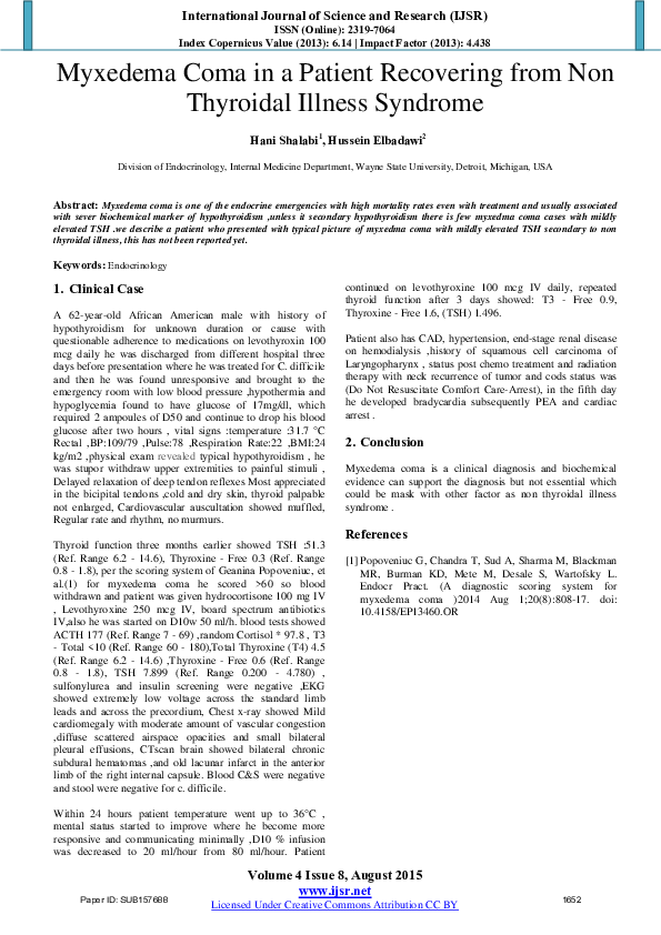 (PDF) Myxedema Coma in a Patient Recovering from Non Thyroidal Illness ...