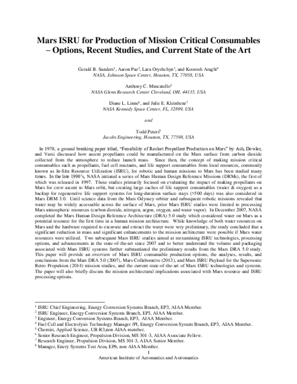 (PDF) Mars ISRU for Production of Mission Critical Consumables ...