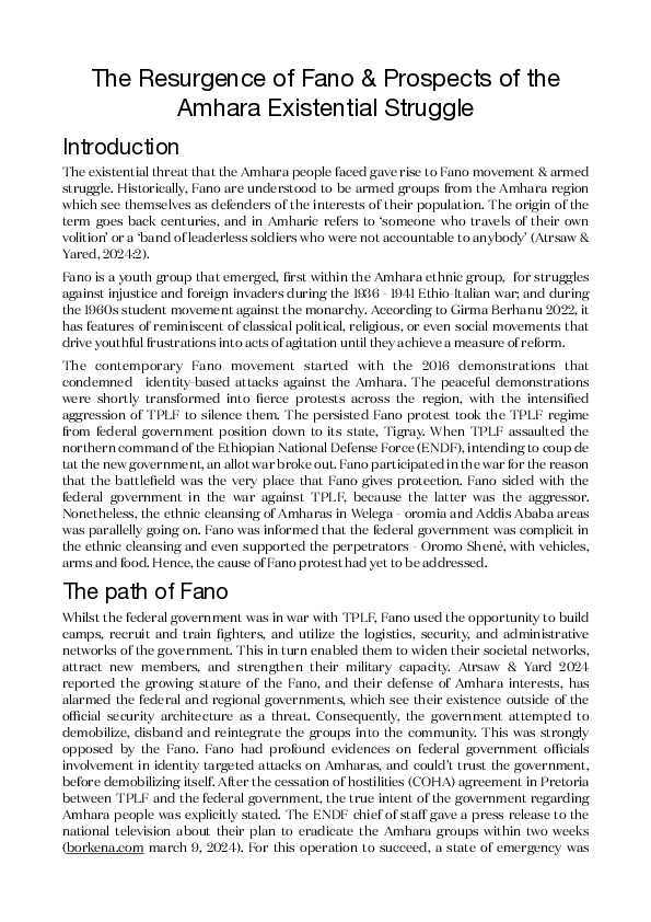 (PDF) The Resurgence of Fano & Prospects of the Amhara Existential Struggle