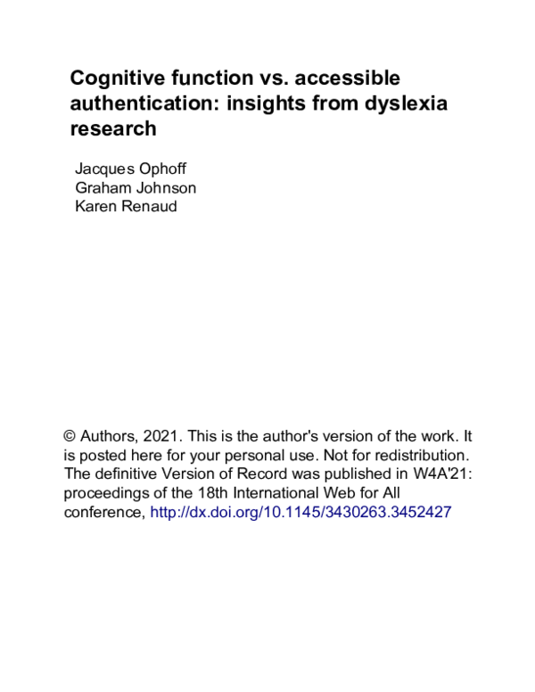 (PDF) Cognitive function vs. accessible authentication