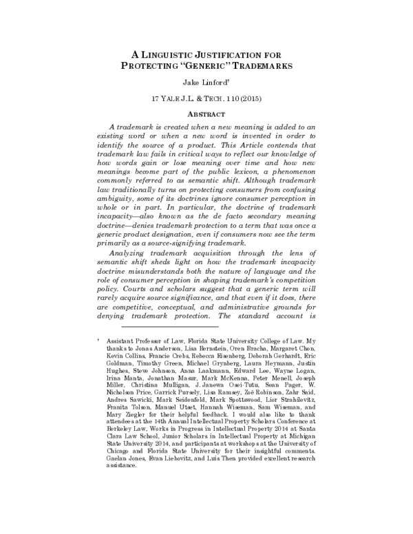 (PDF) A Linguistic Justification for Protecting "Generic" Trademarks ...