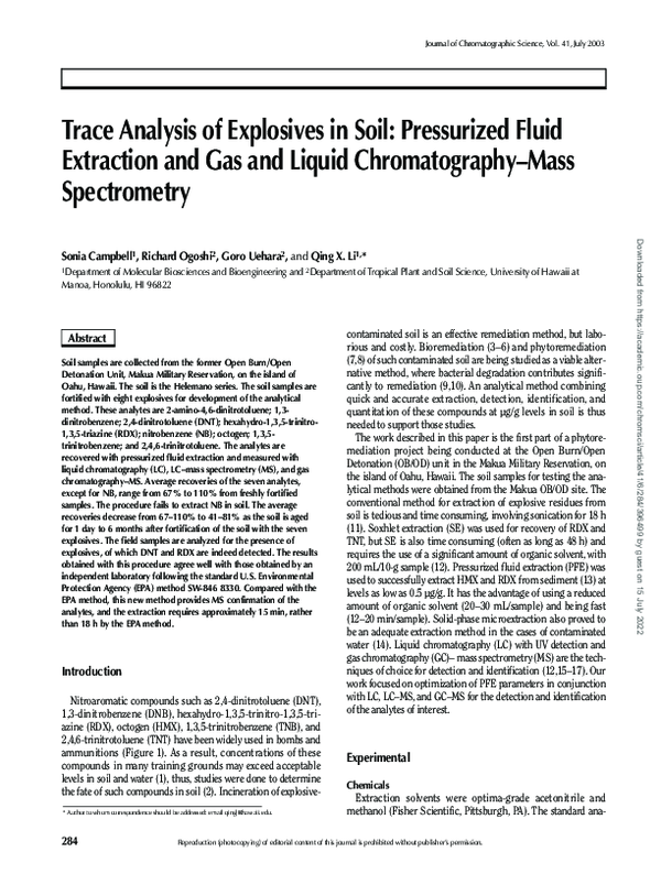 (PDF) Trace Analysis of Explosives in Soil: Pressurized Fluid ...