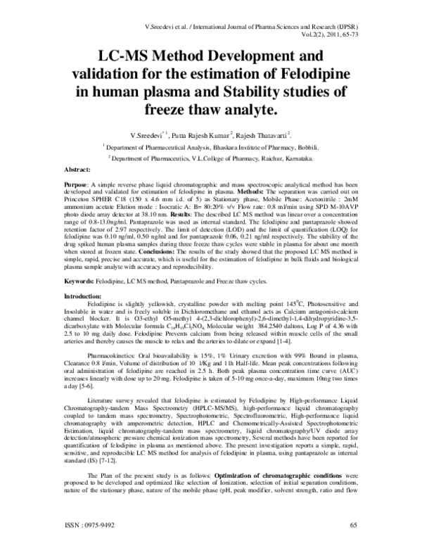 Pdf Lc Ms Method Development And Validation For The Estimation Of Felodipine In Human Plasma