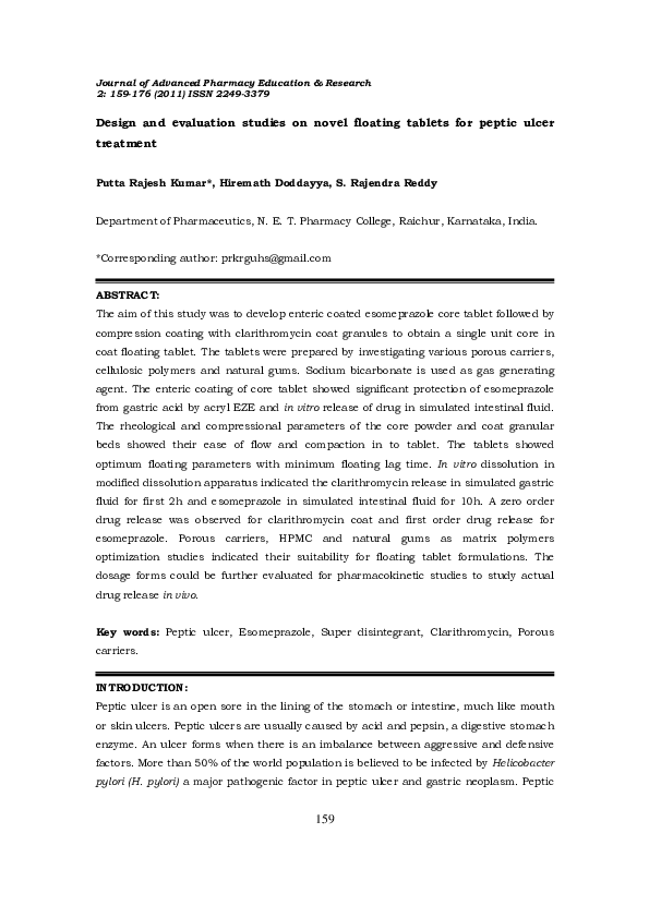 (PDF) Design and evaluation studies on novel floating tablets for ...
