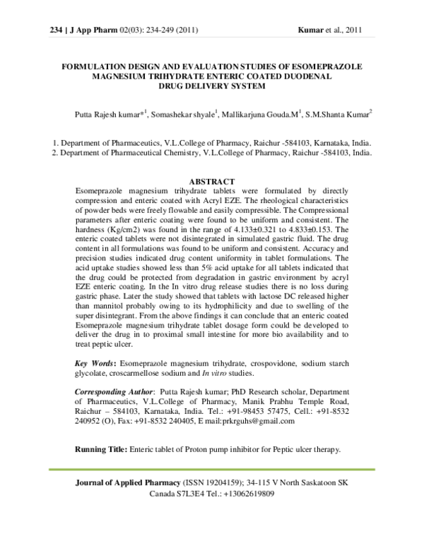 (PDF) Formulation Design and Evaluation Studies of Esomeprazole Magnesium Trihydrate Enteric ...