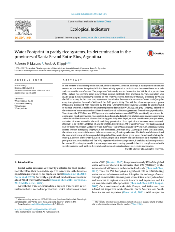 (PDF) Water Footprint in paddy rice systems. Its determination in the ...