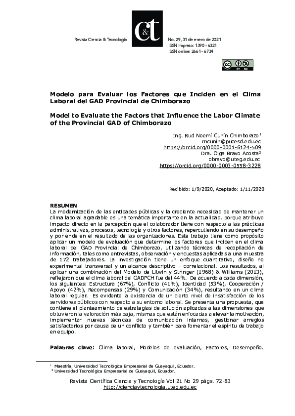 (PDF) Modelo para Evaluar los Factores que Inciden en el Clima Laboral del GAD Provincial de ...