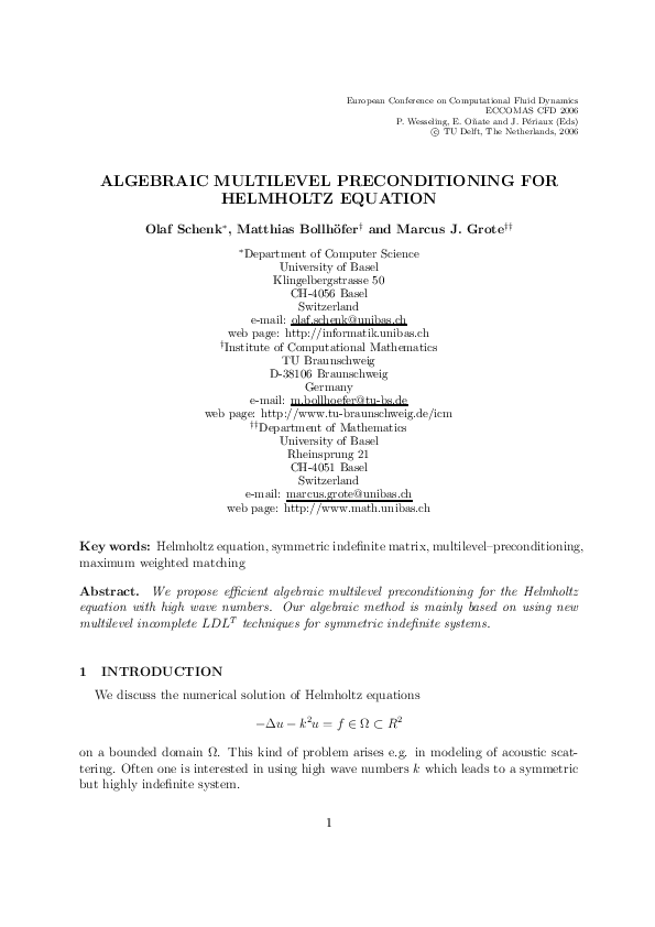 (PDF) Algebraic Multilevel Preconditioning for Helmholtz Equation