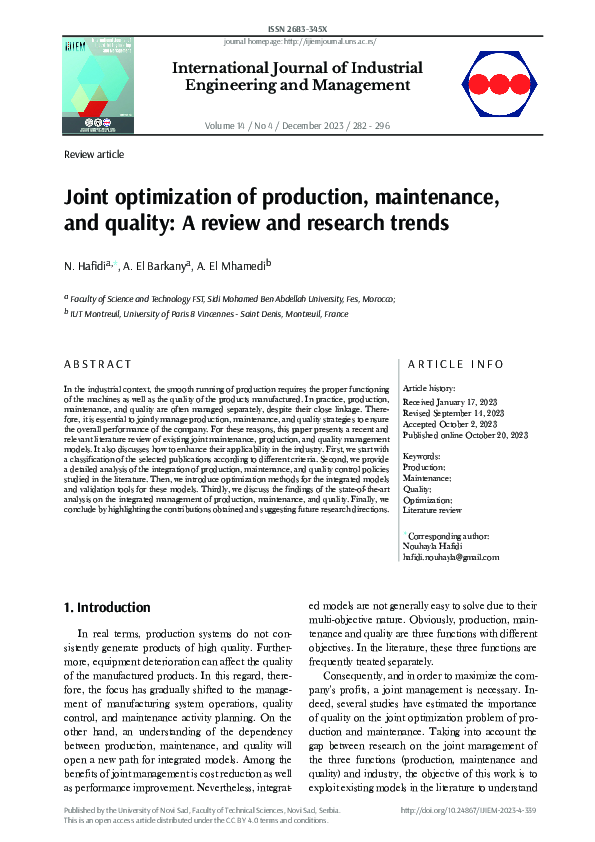 (PDF) Joint optimization of production, maintenance, and quality: A review and research trends